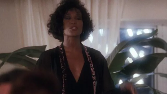 The Bodyguard Movie Wardrobe: Whitney Houston wears Sheer black silk long sleeve wrap jacket to ...
