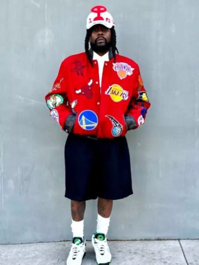 Jeff Hamilton Red Wool NBA Patches Bomber Jacket worn by Wale on the ...