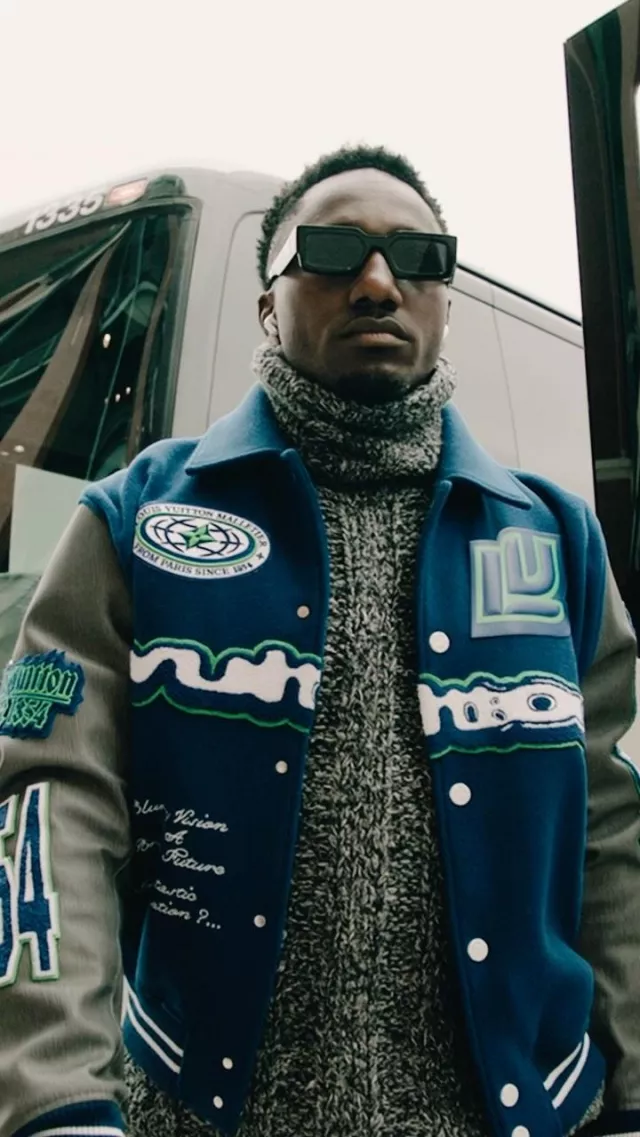 Louis Vuitton Blue & Dark Grey LV Bouclette Varsity Jacket worn by ...