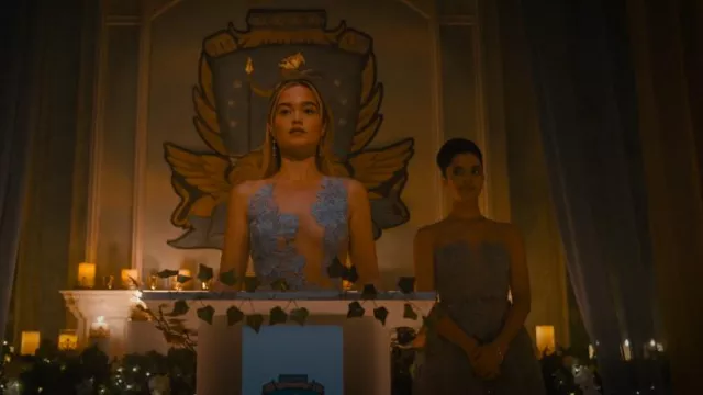 Wolf & Badger Lobbster Montsand Blue Beaded Lace Dress worn by Cece ...