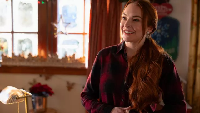 Outfits of Falling for Christmas: Lindsay Lohan wears Red flannel shirt ...