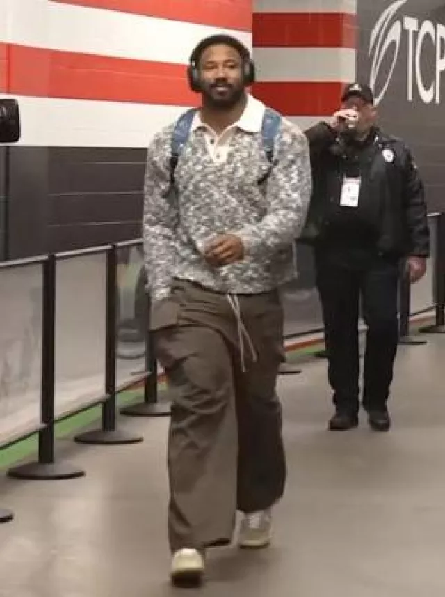 Obey Grey Speckled Chunky Polo Sweater worn by Myles Garrett on the ...