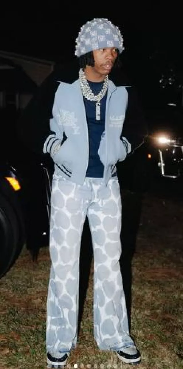 Readymore Blue Allover Hearts Flared Jeans worn by Lil Baby on the ...