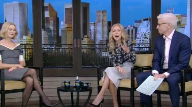 Saint Laurent Plaid Neck-Tie Silk Blouse worn by Kelly Ripa as seen in ...