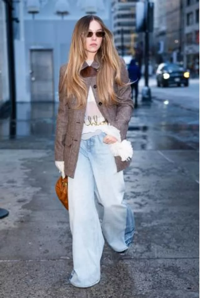 Chloe Long Officer Jacket in Herringbone Wool worn by Sydney Sweeney in ...