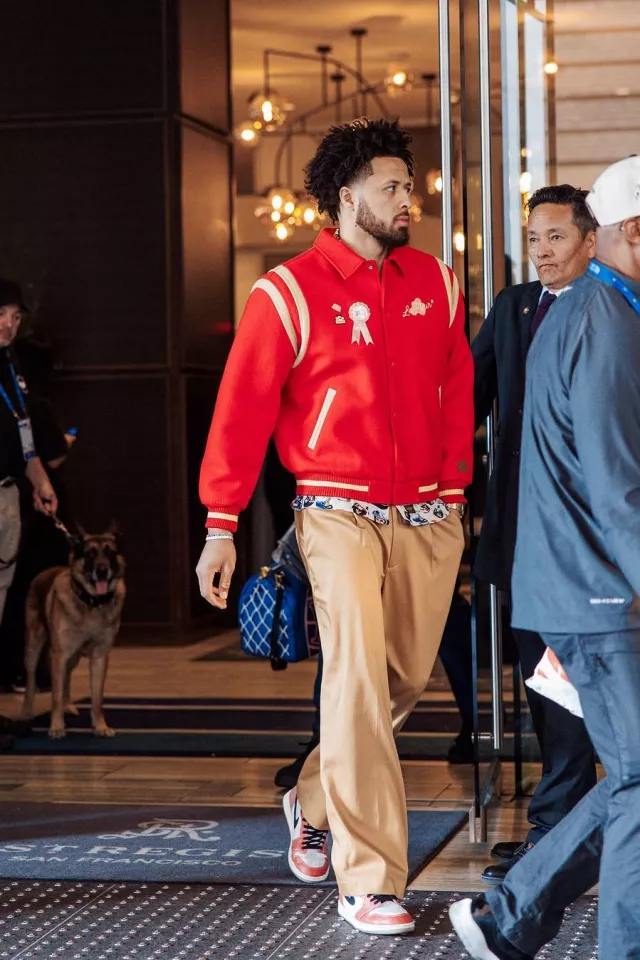 GOLF le FLEUR* Red 'Petalers' Varsity Jacket worn by Cade Cunningham on ...