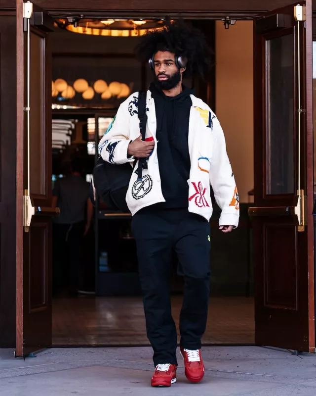 Kith Cream & Multicolor Symbols 'Ginza' Cardigan worn by Coby White on ...