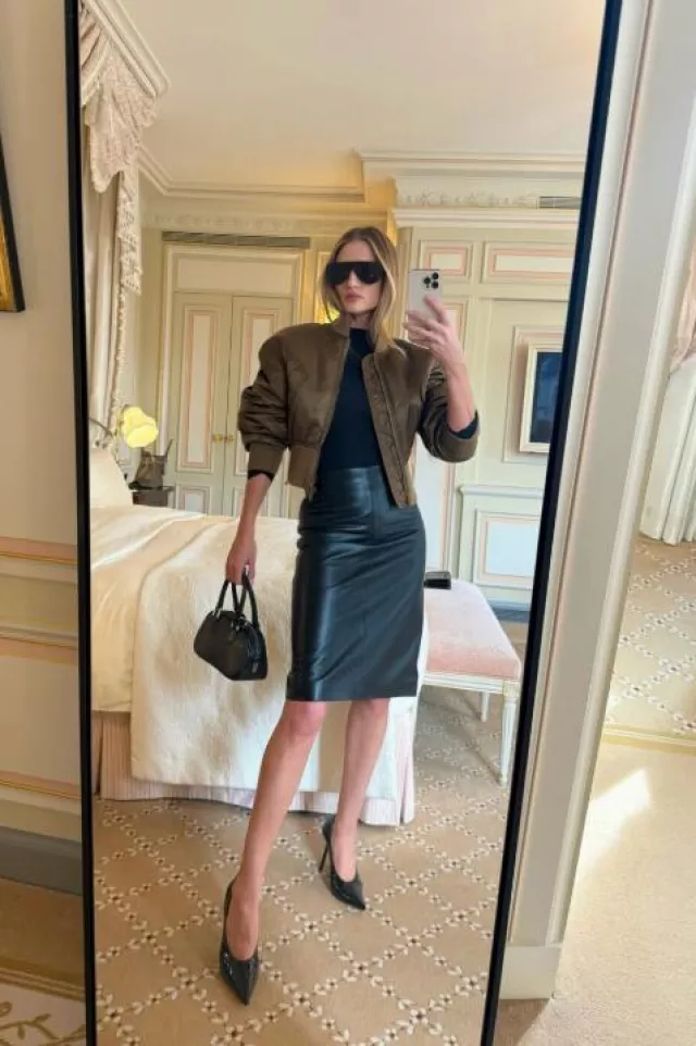 Nour Hammour Lady Leather Midi Skirt worn by Rosie Huntington-Whiteley ...