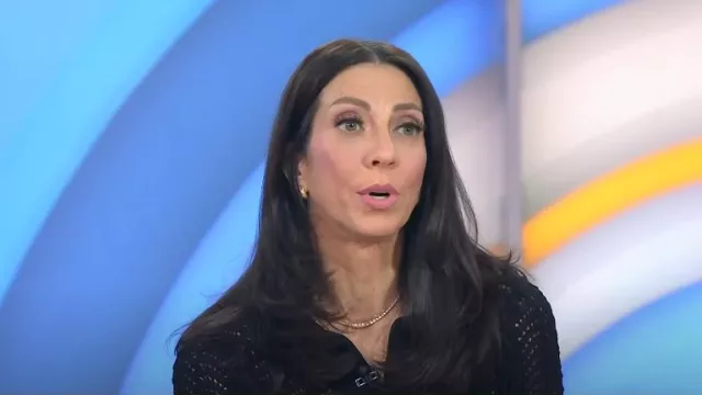 Victoria Beckham x Mango Polo-neck Crochet Sweater worn by Natalie Azar ...