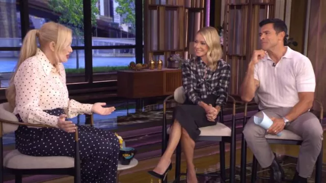 Saint Laurent Plaid Neck-Tie Silk Blouse worn by Kelly Ripa as seen in ...