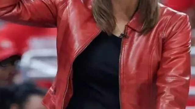 Red Leather Jacket worn by Stephanie White in WNBA Playoffs | Spotern