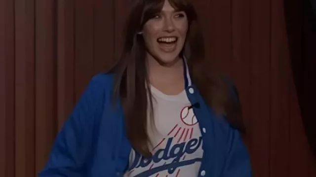 Jimmy Kimmel Live 2025 Elizabeth Olsen Blue Letterman Jacket | Spotern