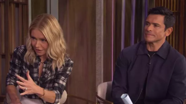 Saint Laurent Plaid Neck-Tie Silk Blouse worn by Kelly Ripa as seen in ...