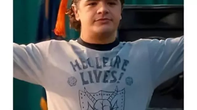 Stranger Things S5 Dustin Grey Hellfire Lives Print T-Shirt worn by ...
