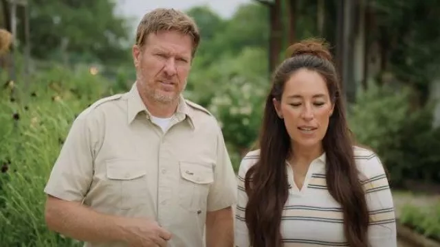 Reformation Campbell Stripe Polo Sweater worn by Joanna Gaines as seen ...