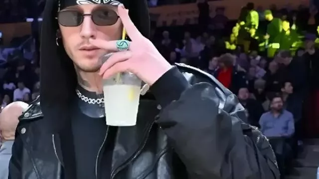 MGK Lakers Game Leather Jacket in Courtside MGK at the Lakers game ...