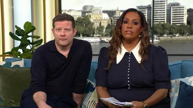 Monsoon Clay Collar Jersey Tea Dress, Navy worn by Alison Hammond as ...