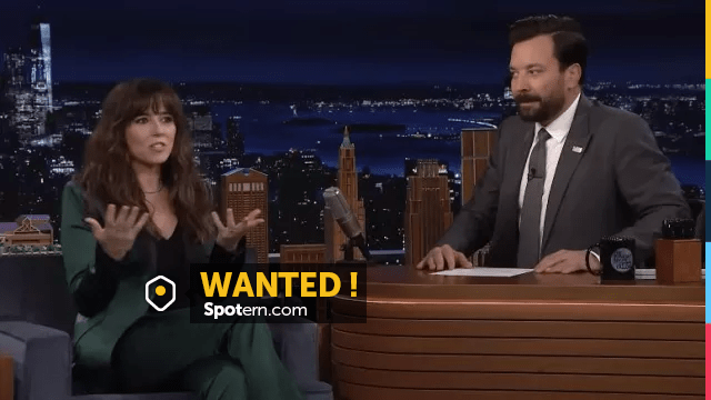 Dark green satin suit blazer jacket and pants worn by Linda Cardellini ...