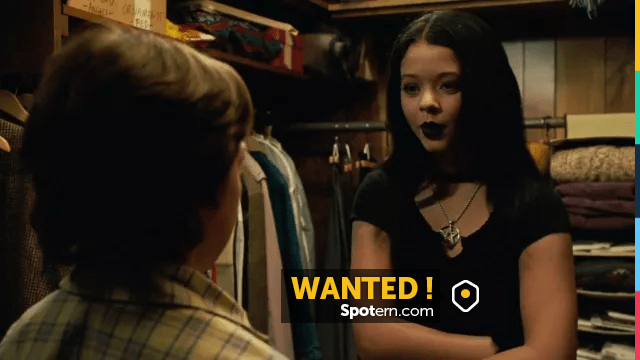 Black notched T-shirt worn by Goth Girl (Sasha Pieterse) in Good Luck ...