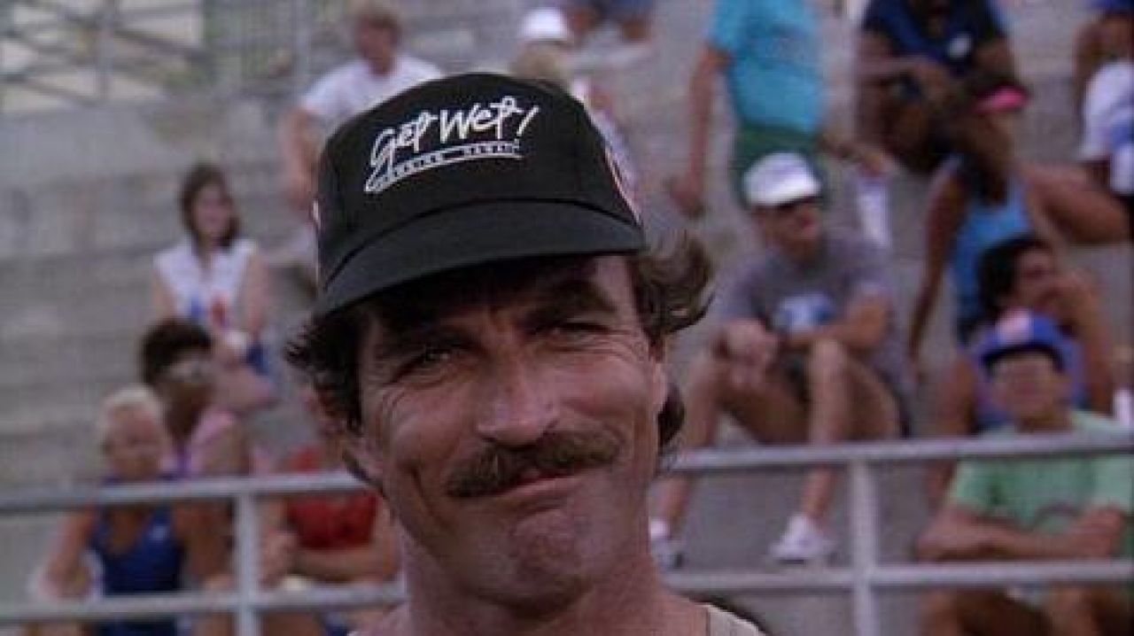 The cap and the "Get Wet" of Thomas Magnum (Tom Selleck) in the Magnum ...