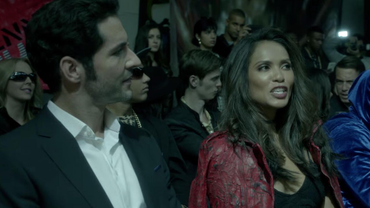 Red distressed jacket worn by Mazikeen "Maze" (Lesley-Ann Brandt) in ...