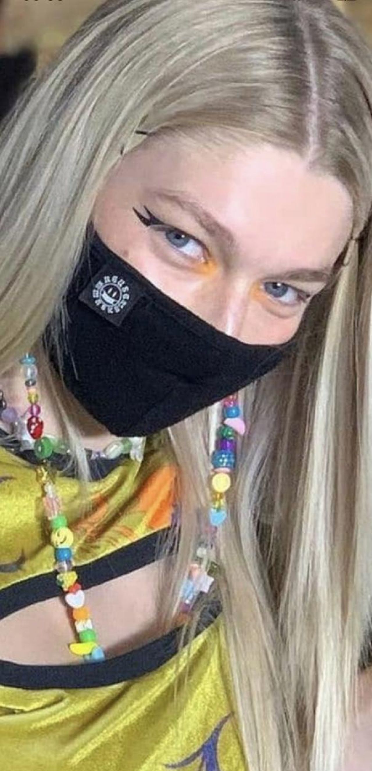The black protective mask worn by Hunter Schafer on an Instagram photo ...
