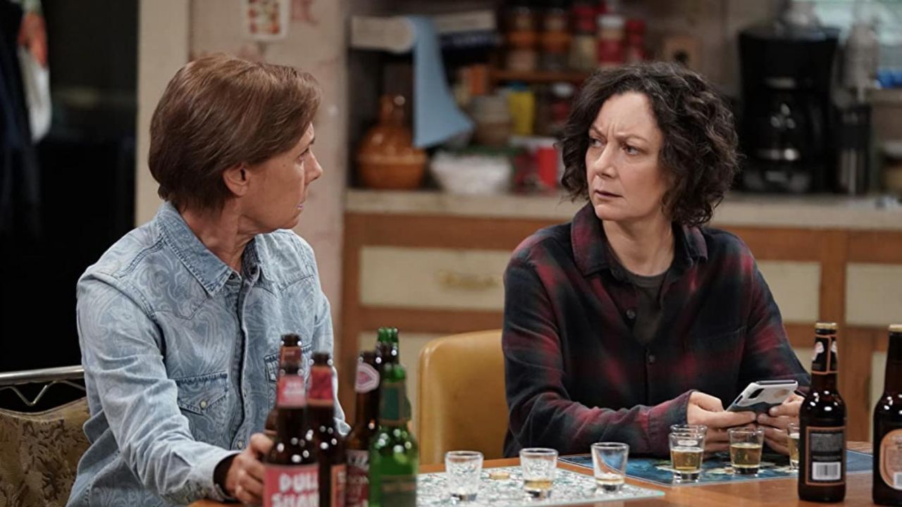 Printed Denim Shirt Jacket worn by Jackie Harris (Laurie Metcalf) as ...