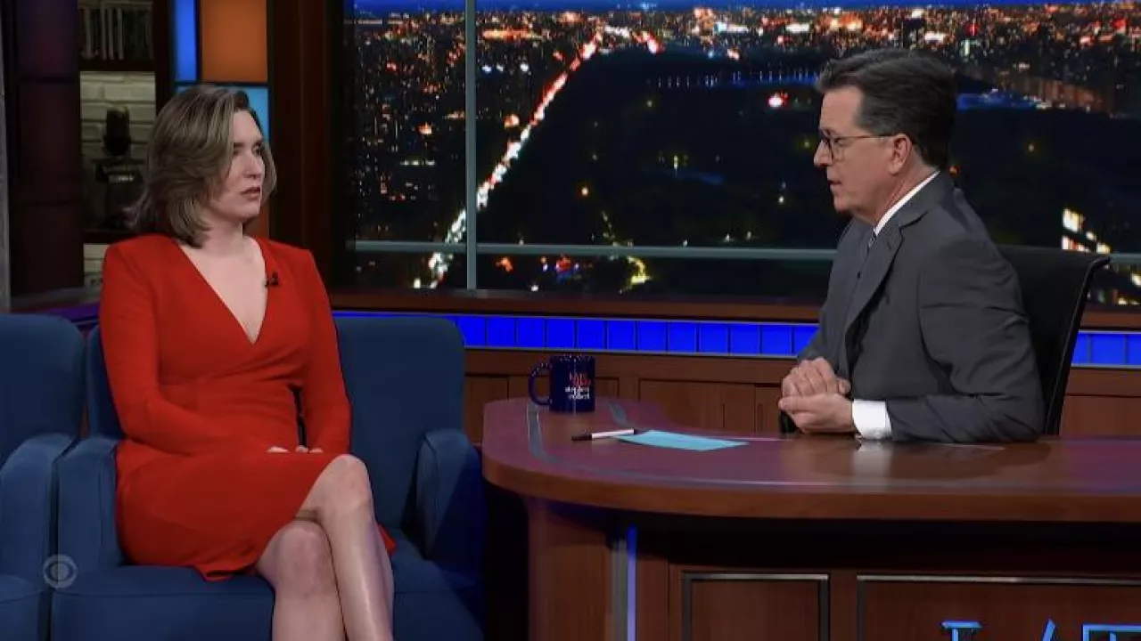 Red dress worn by Margaret Brennan as seen in The Late Show with ...