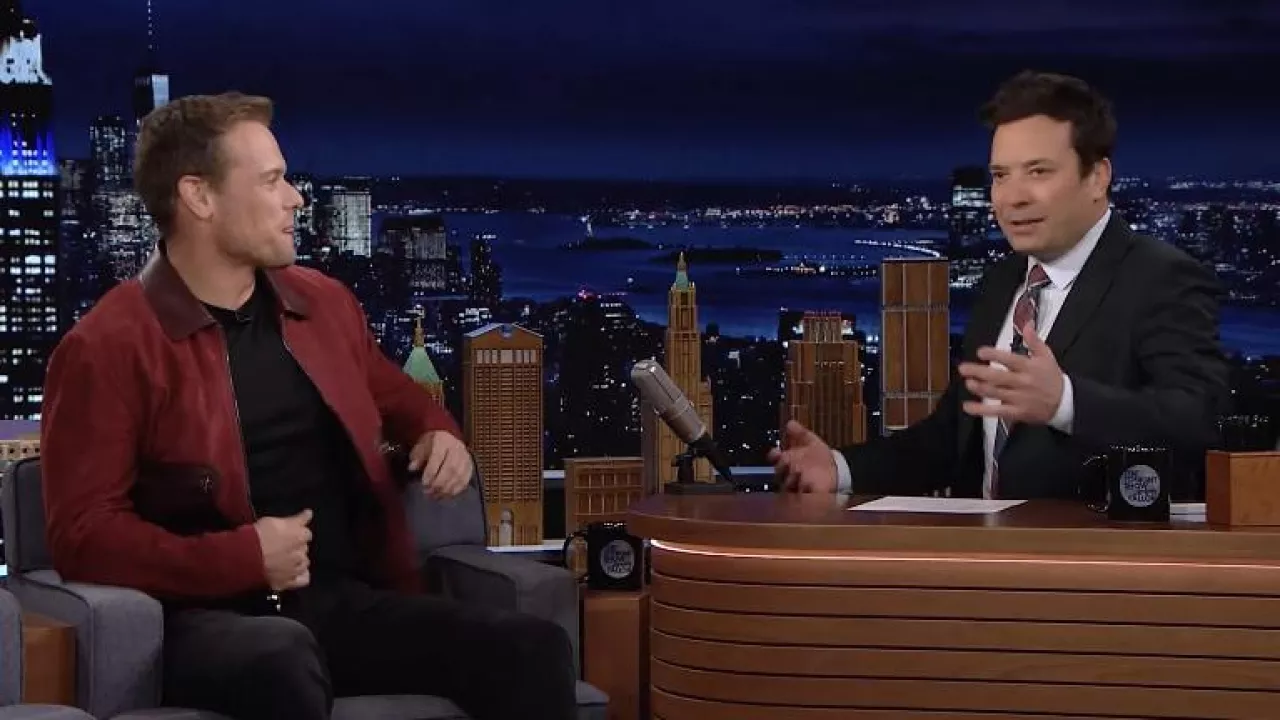 Red Zip Jacket worn by Sam Heughan as seen in The Tonight Show Starring ...