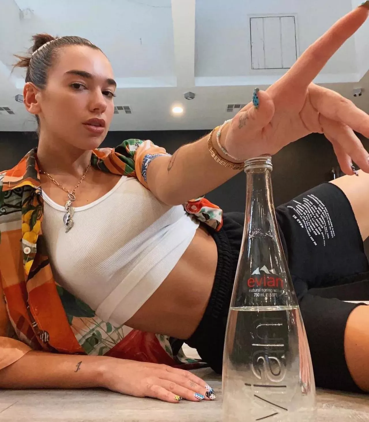 The black shorts with writing worn by Dua Lipa on her Instagram account ...