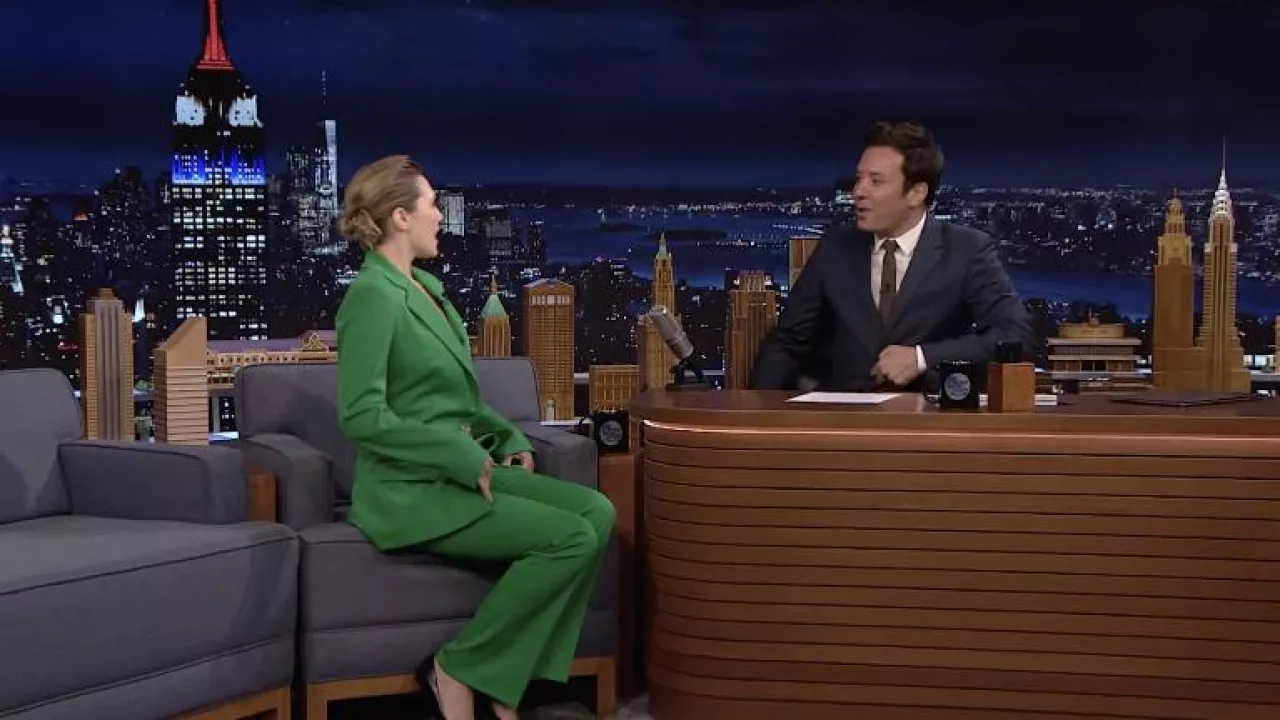 Green Suit Ensemble worn by Elizabeth Olsen as seen in The Tonight Show ...