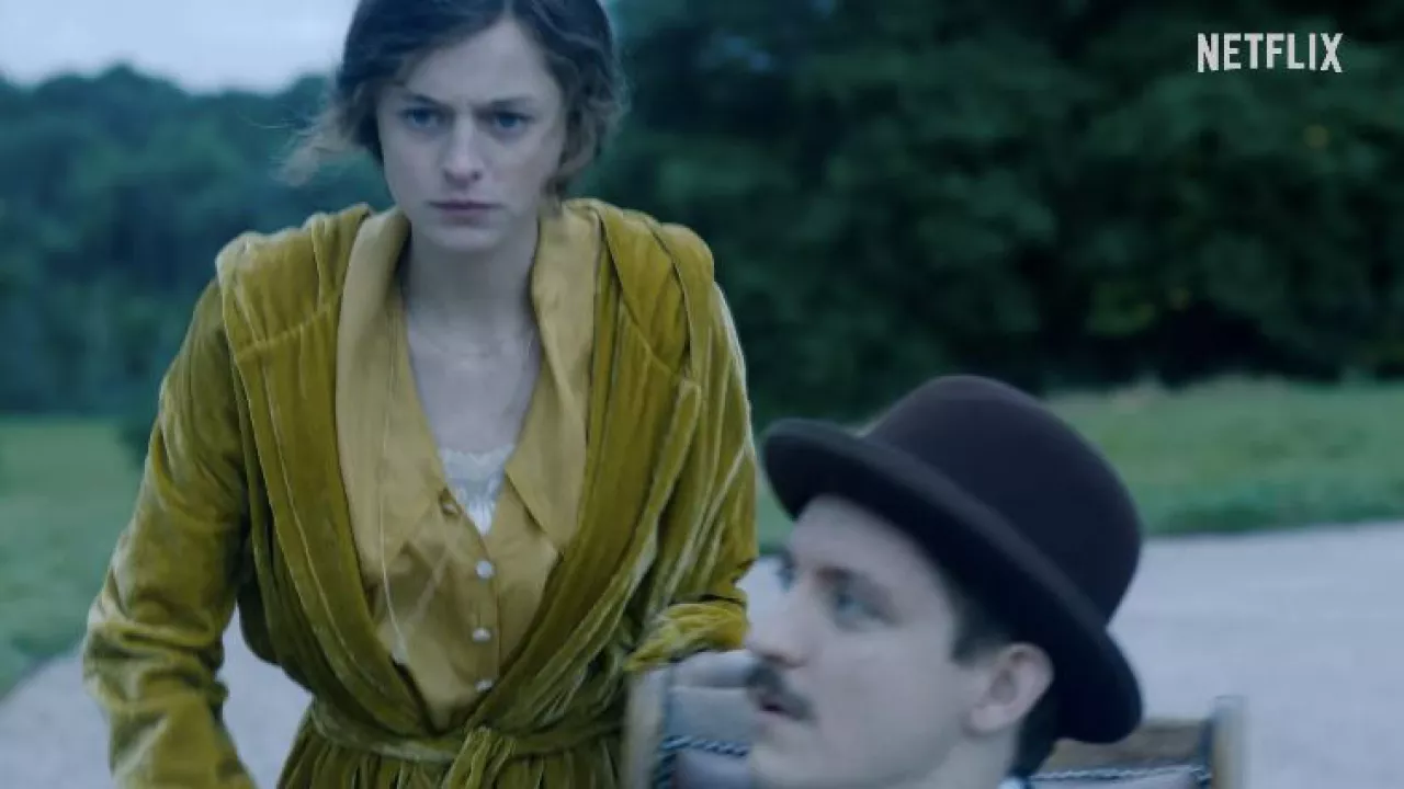 Yellow mustard velvet dress worn by Lady Constance Chatterley (Emma ...