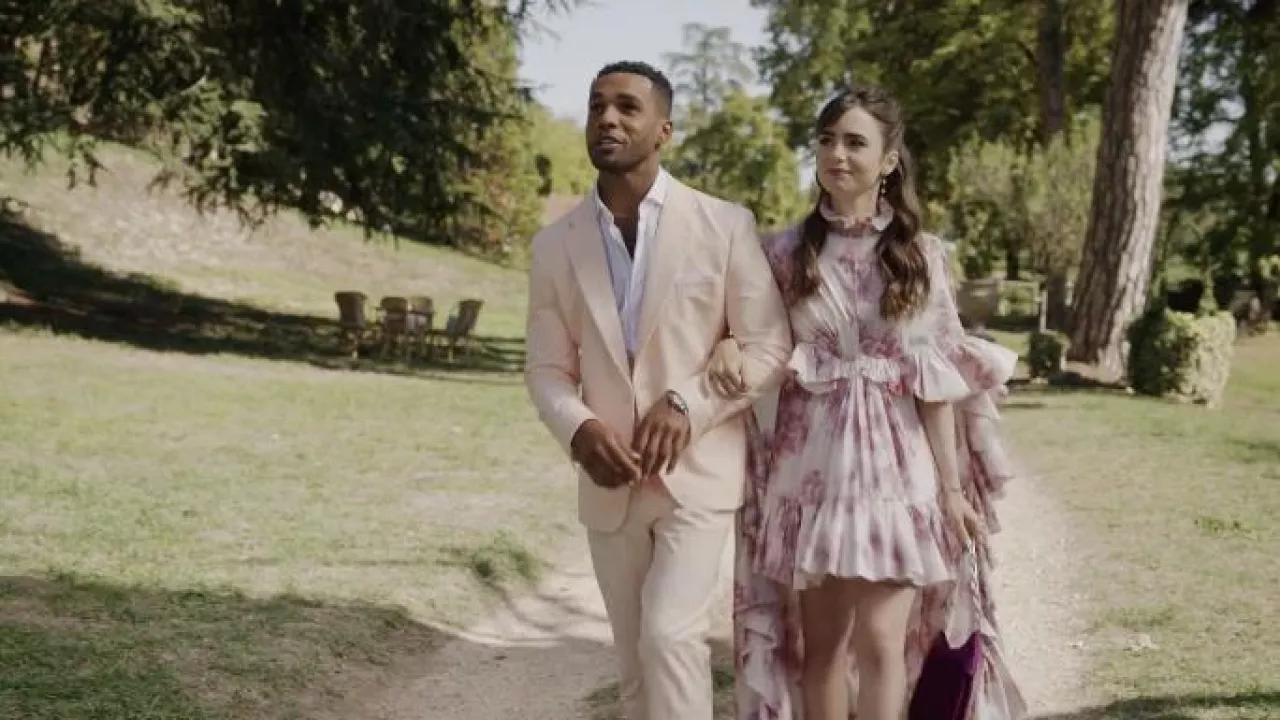 The light suit worn by Alfie (Lucien Laviscount) in the series Emily in Paris (Season 3 Episode ...