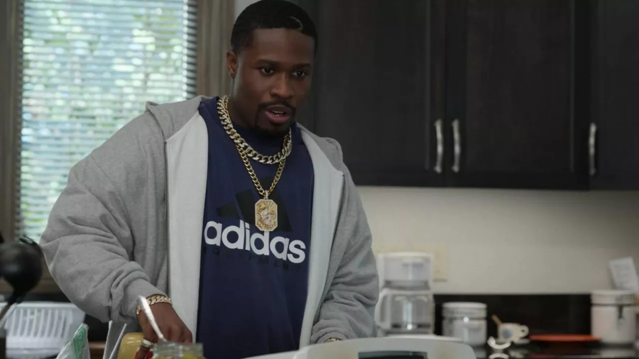 Adidas blue tee worn by Sha Raider (Shameik Moore) as seen in Wu-Tang ...