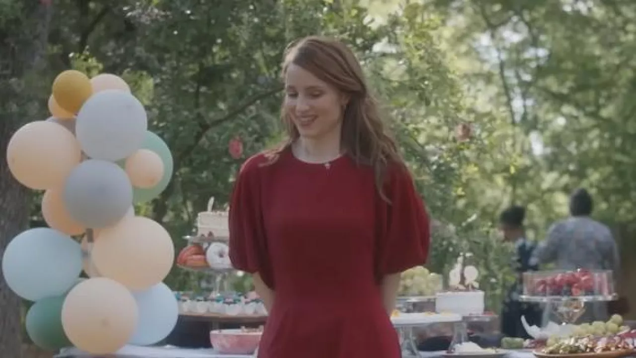 Red dress worn by Ella Patel (Dianna Agron) as seen in Clock movie ...