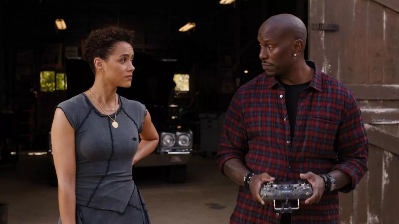 Diesel dress in dark grey worn by Ramsey (Nathalie Emmanuel) as seen in ...