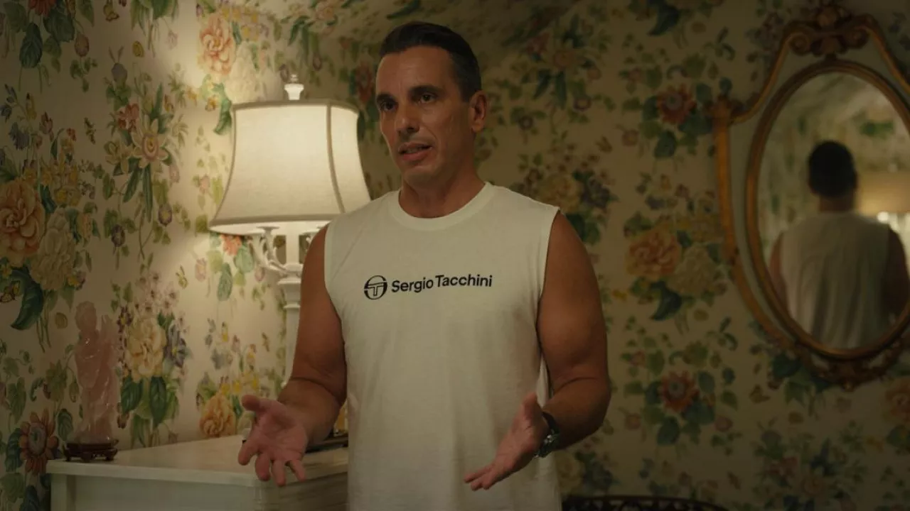 White Sergio Tacchini tank top worn by Sebastian (Sebastian Maniscalco ...