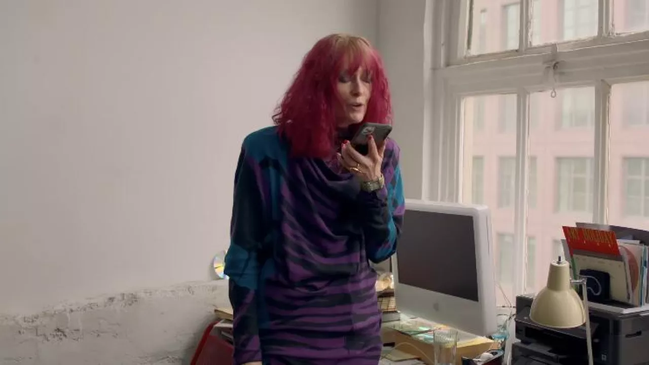 Purple Printed Dress of Elizabeth (Tilda Swinton) in Problemista | Spotern