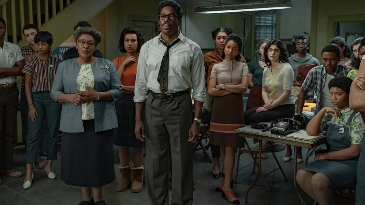 Printed tie worn by Bayard Rustin (Colman Domingo) as seen in Rustin ...