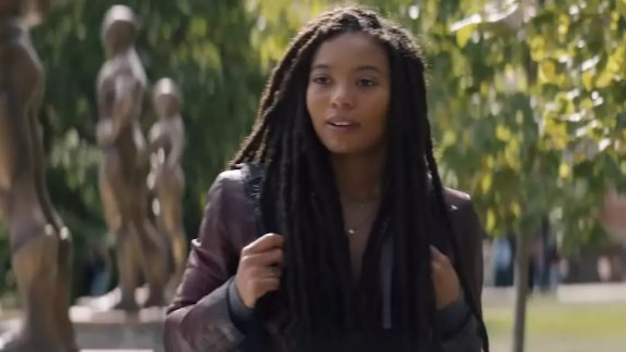 Brown leather jacket worn by Marie Moreau (Jaz Sinclair) as seen in Gen ...