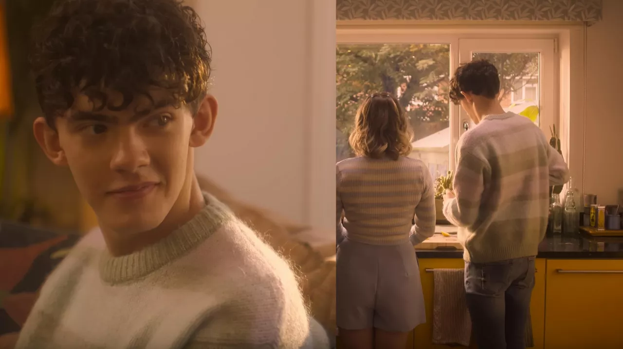 Knitted sweater with pink and green stripes worn by Charlie Spring (Joe ...