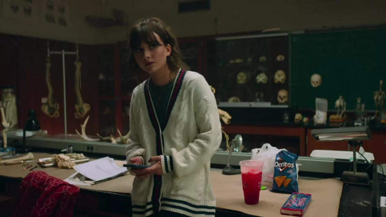 Cardigan worn by Margot (Emilia Jones) as seen in Cat Person movie ...