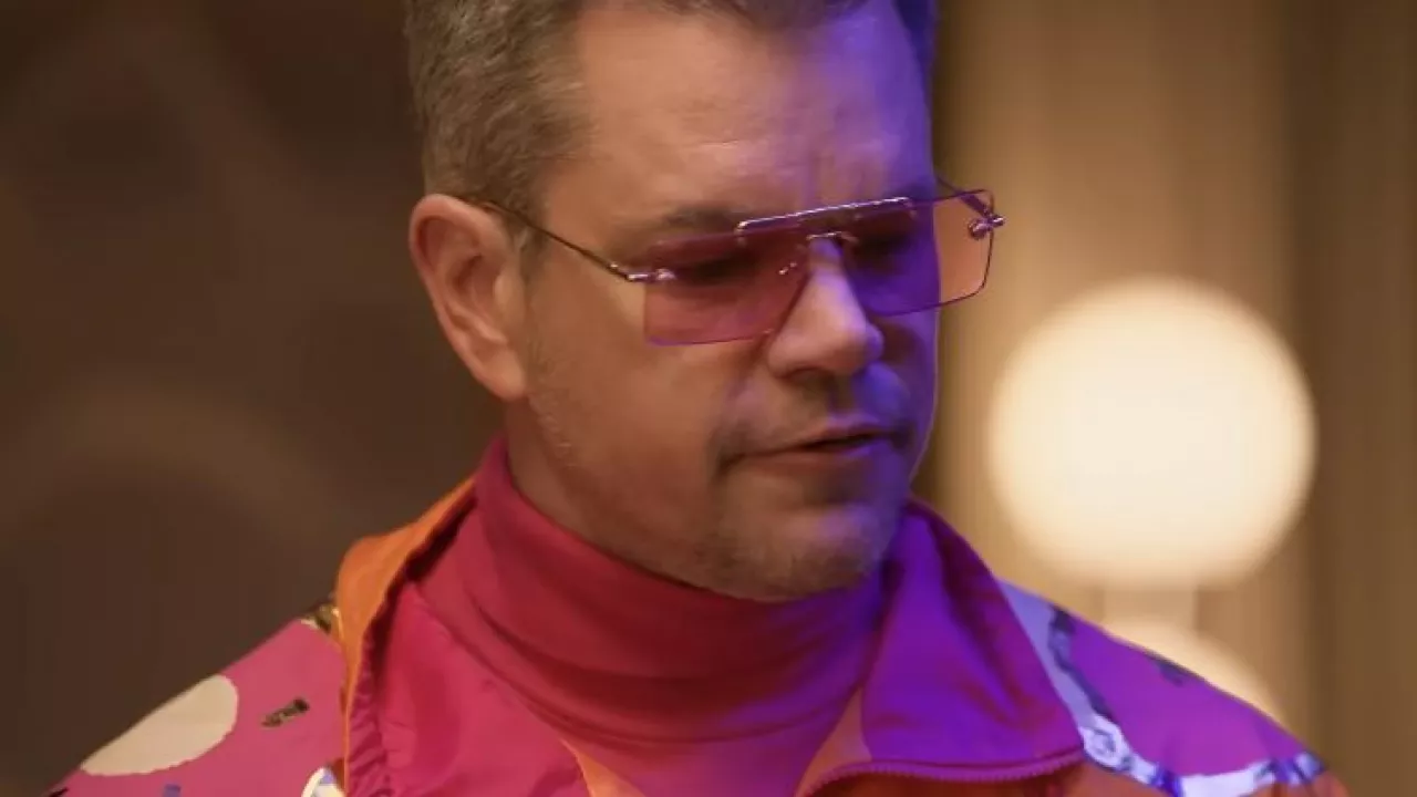 Pink sunglasses worn by Matt Damon as seen in Dunkin’ ‘The DunKings’ ft ...