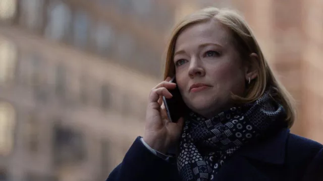The blue and white scarf worn by Shiv Roy (Sarah Snook) in the series ...