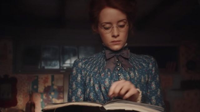 Printed blue dress worn by Emily Richardson-Wain (Claire Foy) as seen ...