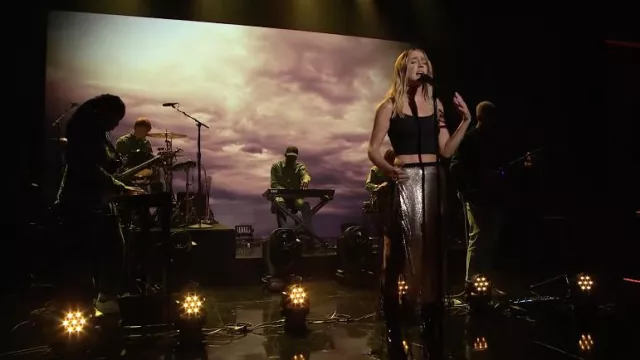 Silver long skirt worn by Ingrid Andress as seen in The Tonight Show ...