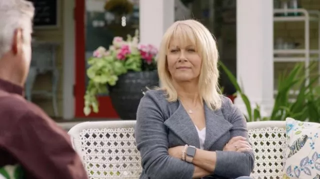 The grey grey cotton light blazer jacket worn by Megan O'Brien (Barbara ...