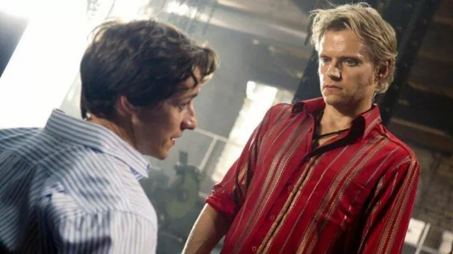 Maroon Red shirt with Gold Striping worn by The Repairman (Marc Warren ...