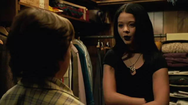Black notched T-shirt worn by Goth Girl (Sasha Pieterse) in Good Luck ...