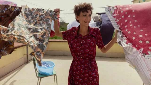Printed dress worn by Carmela (Tania Garribba) as seen in Supersex ...